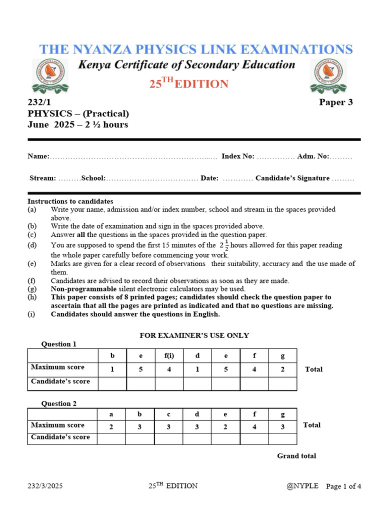 Nyple 25th Ed Phy Pp3 Ms 2025 | PDF