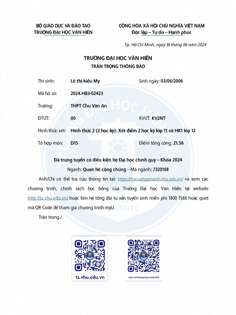 VHU - Thong Bao Tuyen Sinh 2024 | PDF