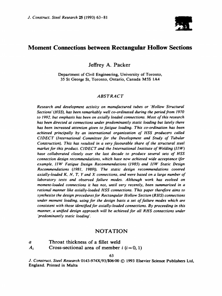 Moment Connections Between Rectangular Hollow Sections: Jeffrey A ...