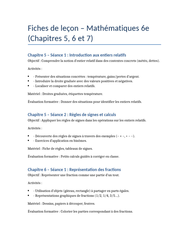 Fiches de leçon Mathématiques 6e | PDF | Mathématiques | Arithmétique