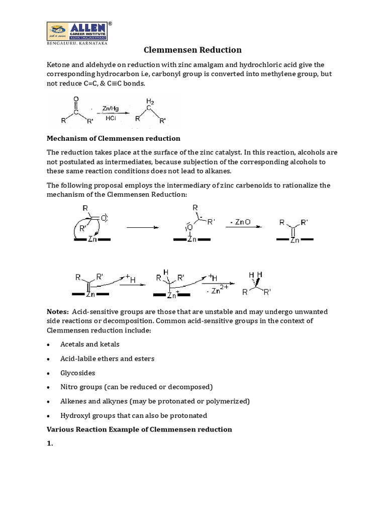 Clemmensen Reduction. Theory B5faf7f8 6cd5 4a76 B9e4 Ab1927febba8 | PDF