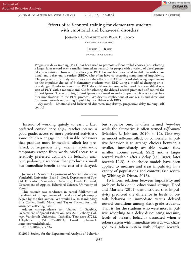 J of App Behav Analysis - 2019 - Staubitz - Effects of Self Control ...