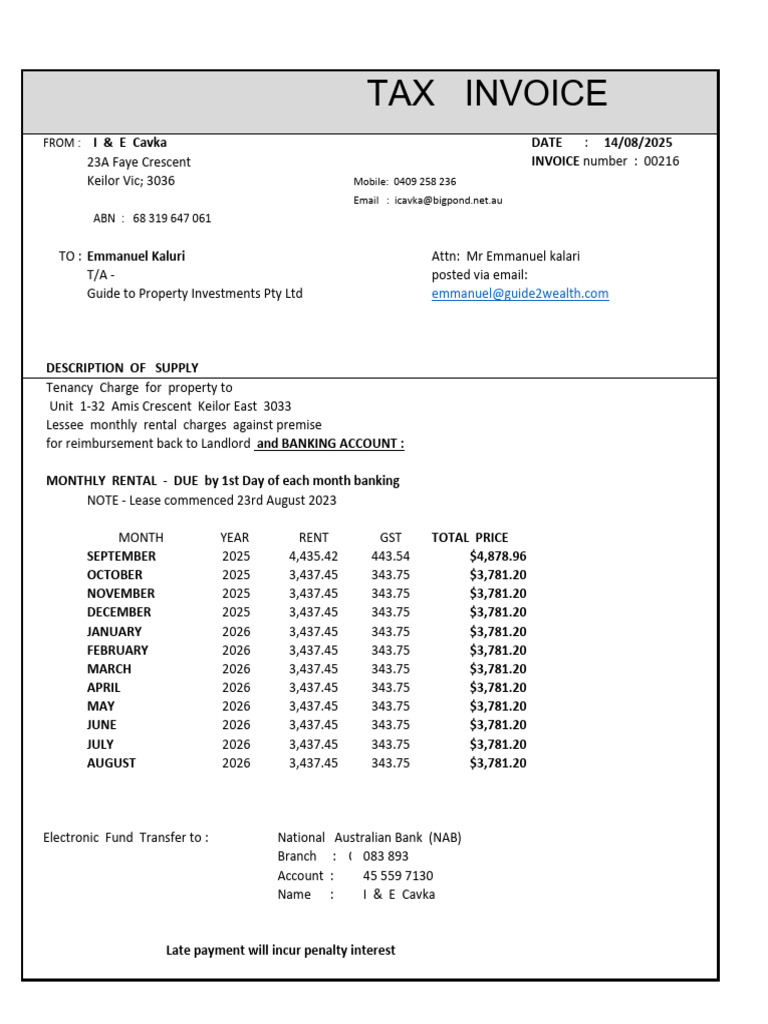 Rental Tax Invoice Sept 2025 - August 2026 | PDF | Lease | Property Law
