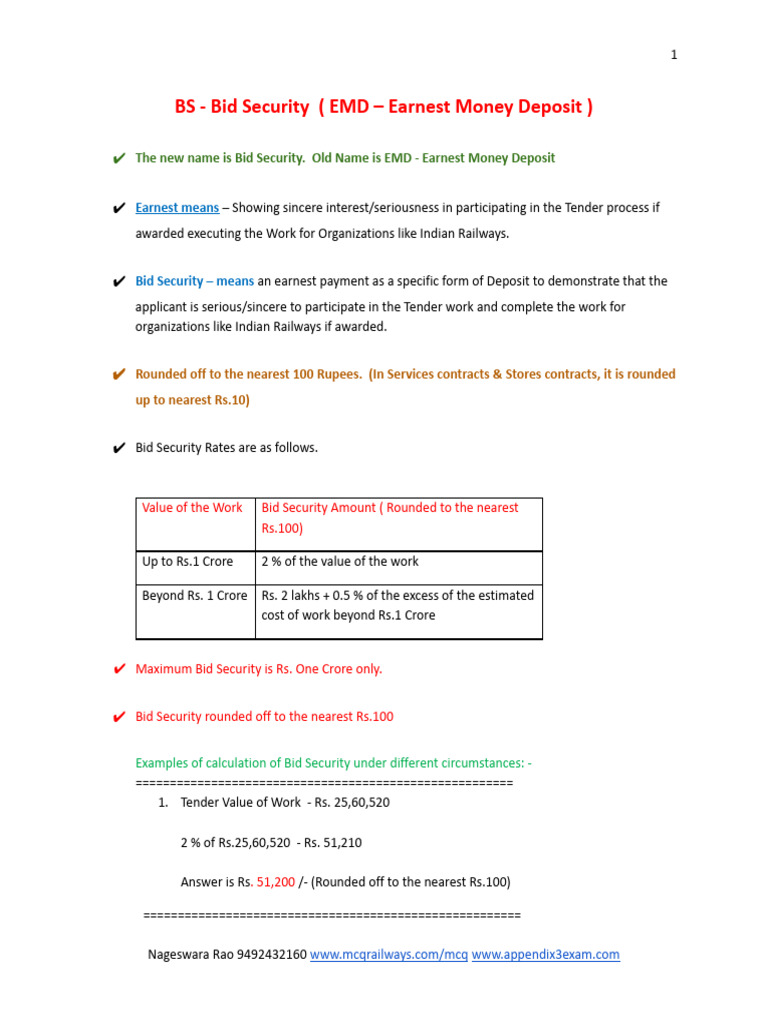BS Bid Security EMD SD Security Deposit GCC Works | PDF | Money