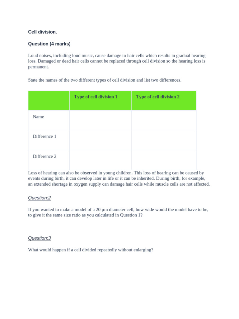 HW Biology Cell Division Myp 3 | PDF