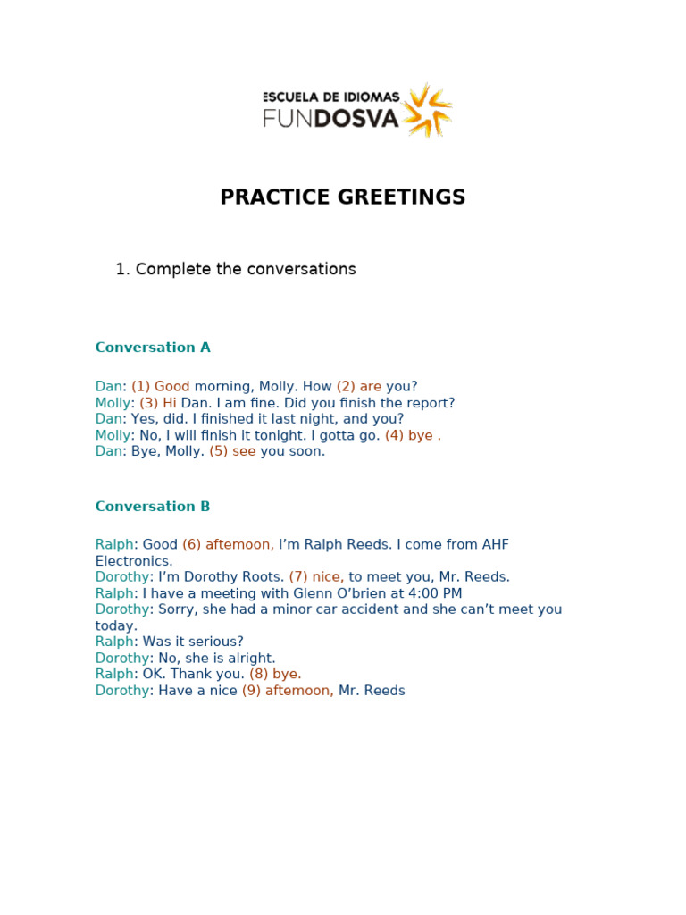 Practice Conversations for Greetings | PDF