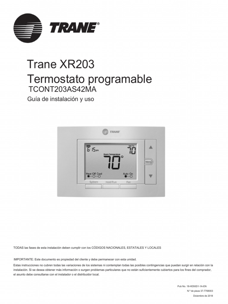 Manual Termostato Trane XR203 | PDF | Termostato | Bomba de calor
