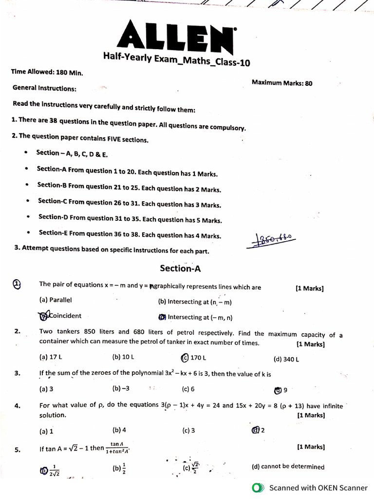 Allen Maths Half Yearly Question Paper | PDF