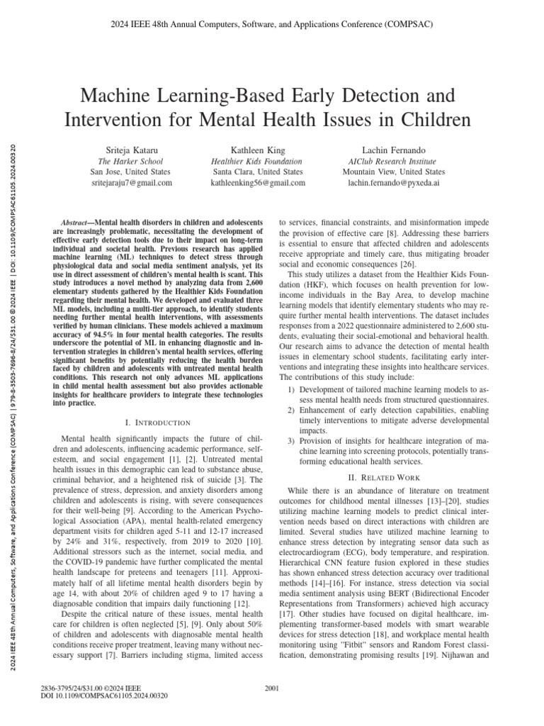 Machine Learning-Based Early Detection and Intervention For Mental Health Issues in Children ...