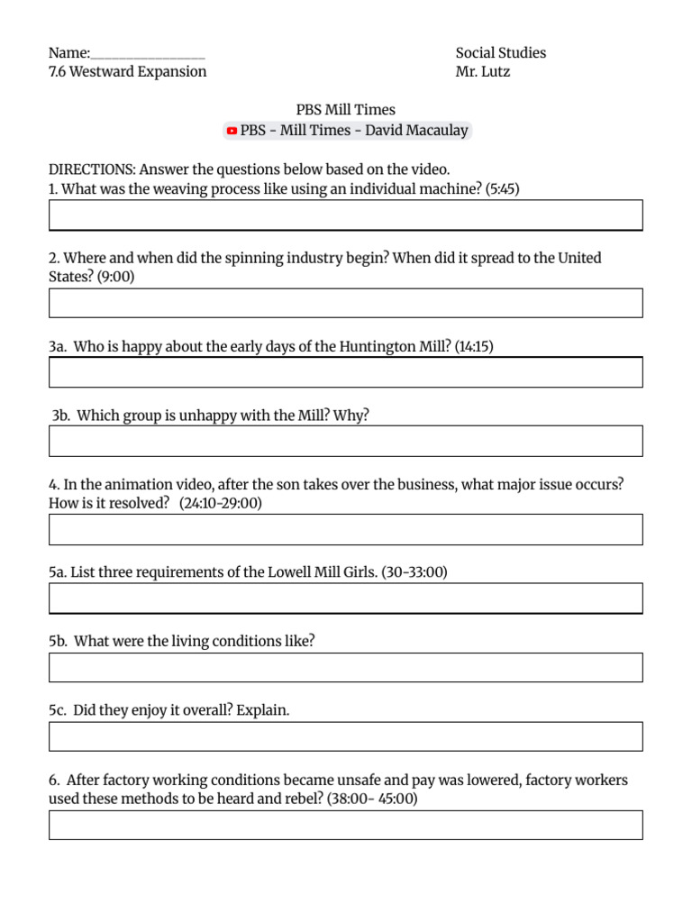 Mill Times Video Questions Guide | PDF