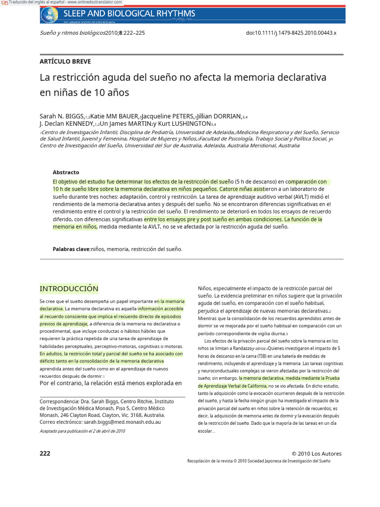 Acute Sleep Restriction Does Not Affect - En.es | PDF | Dormir | Memoria