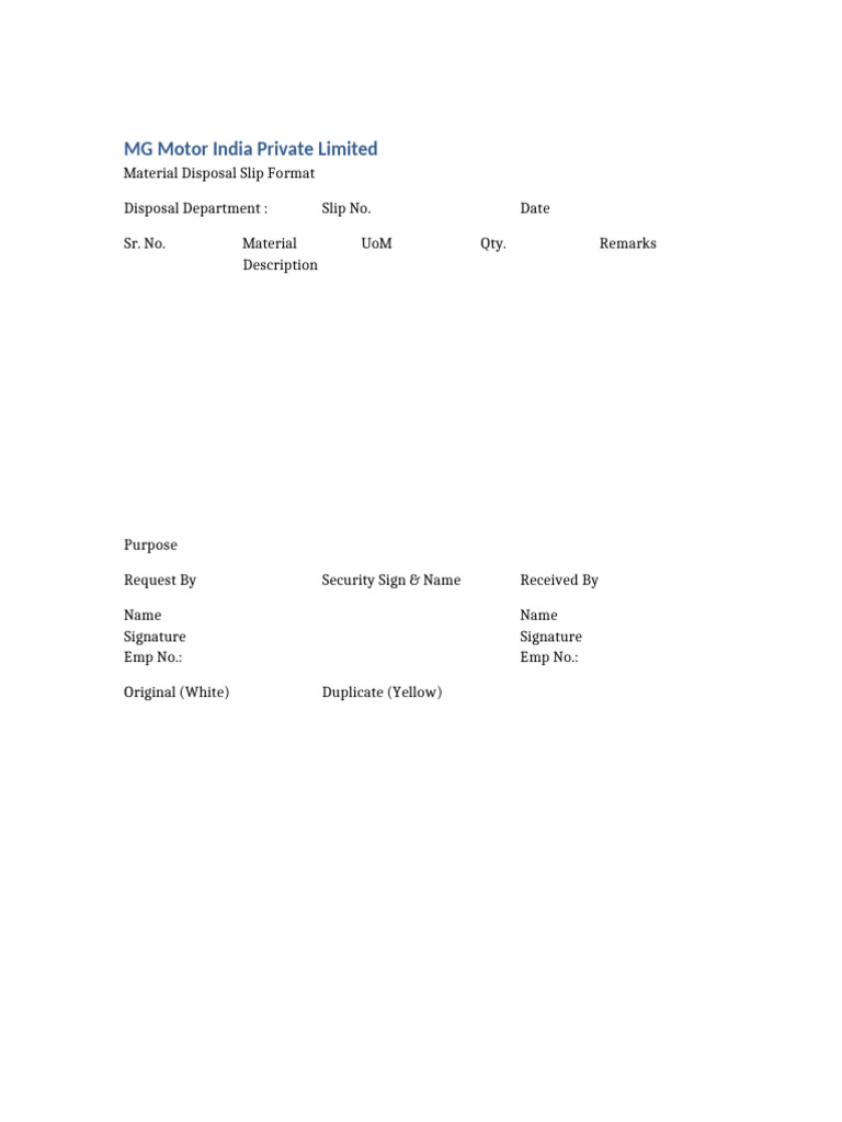 Material Disposal Slip Format | PDF