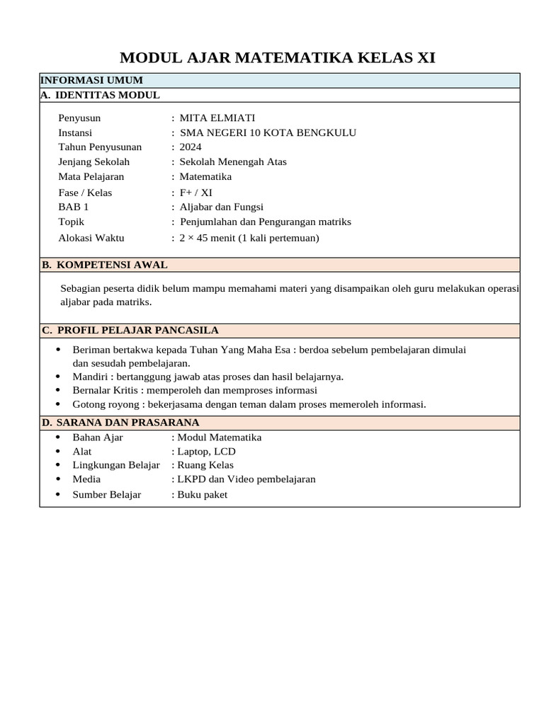 Modul Ajar Matematika Kelas XI: Matriks | PDF