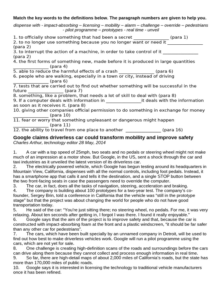 Driving Worksheet Intermediate | PDF | Car | Vehicle Technology
