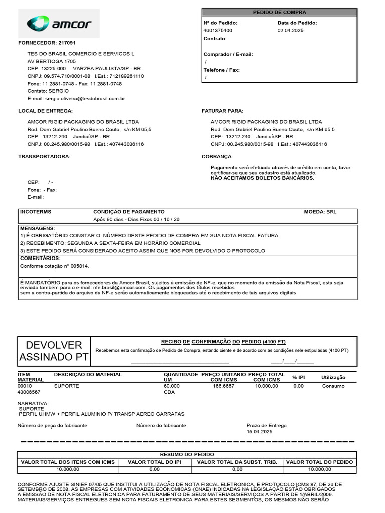 Pedido de Compra Amcor Jundiaí | PDF