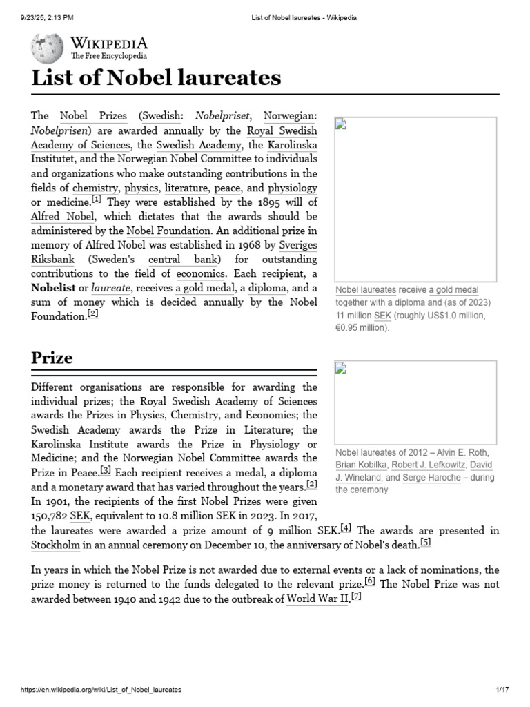 List of Nobel Laureates - Wikipedia | PDF | Nobel Prize