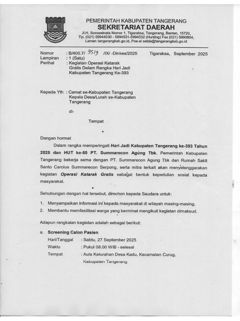 Surat Edaran Operasi Katarak Gratis (27 September 2025) Hari Jadi Kab ...
