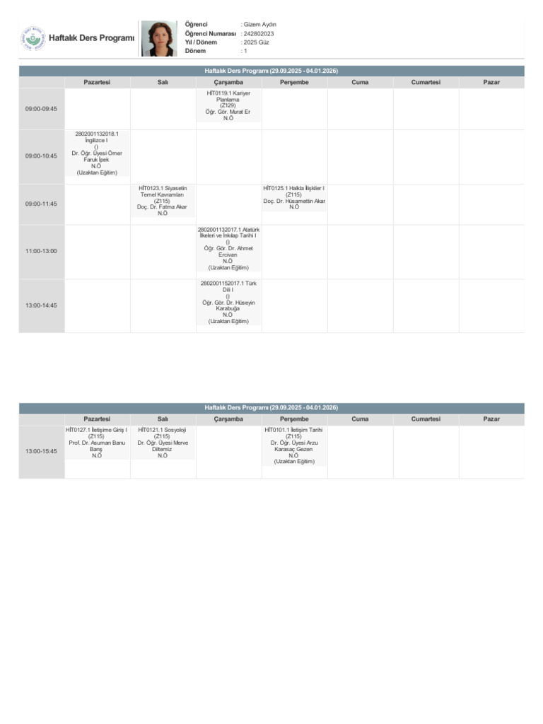 Hafta Lik Ders Program I | PDF