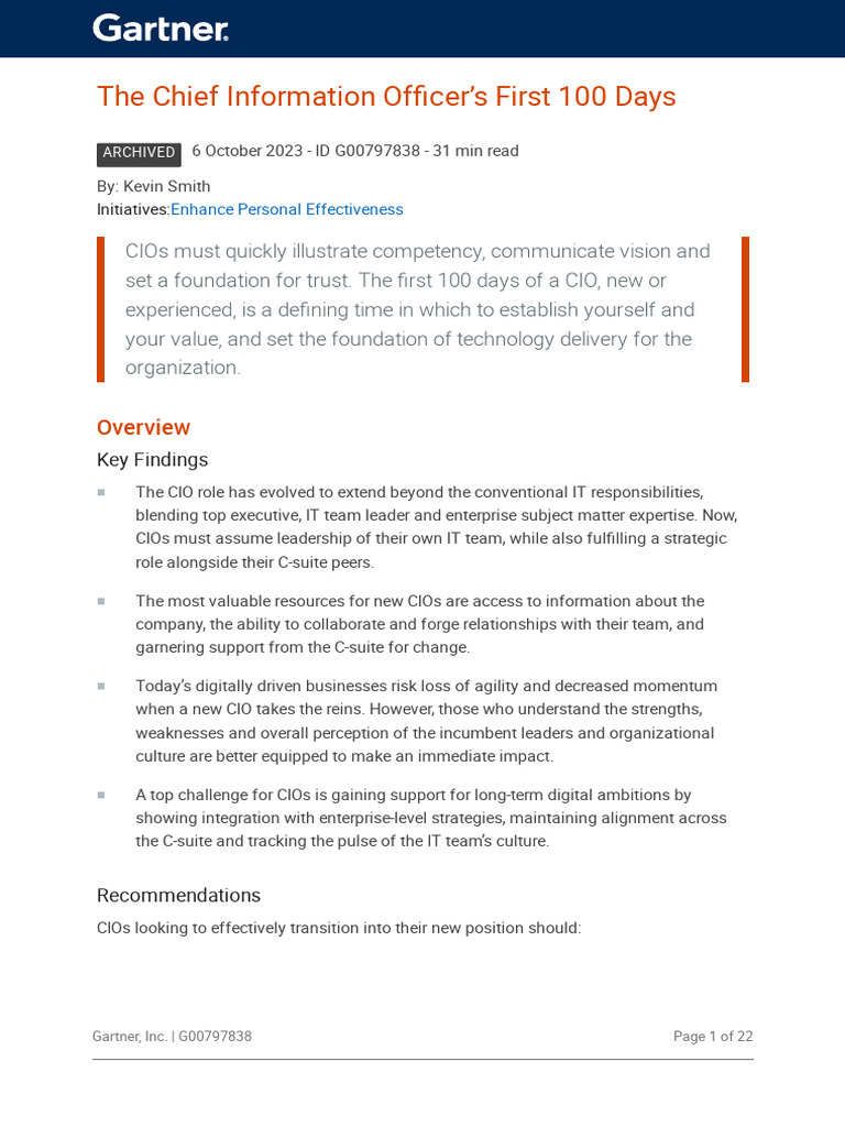 CIO's First 100 Days Toolkit | PDF | Chief Information Officer | Leadership