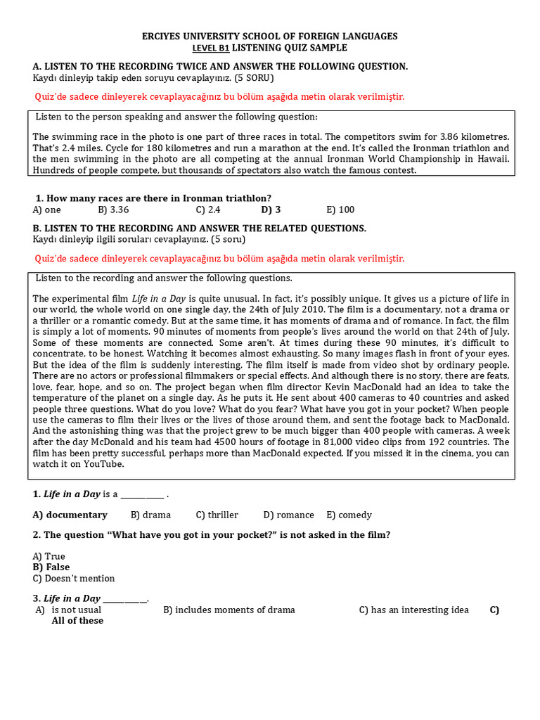 B1 Listening Quiz Sample for ESL Students | PDF