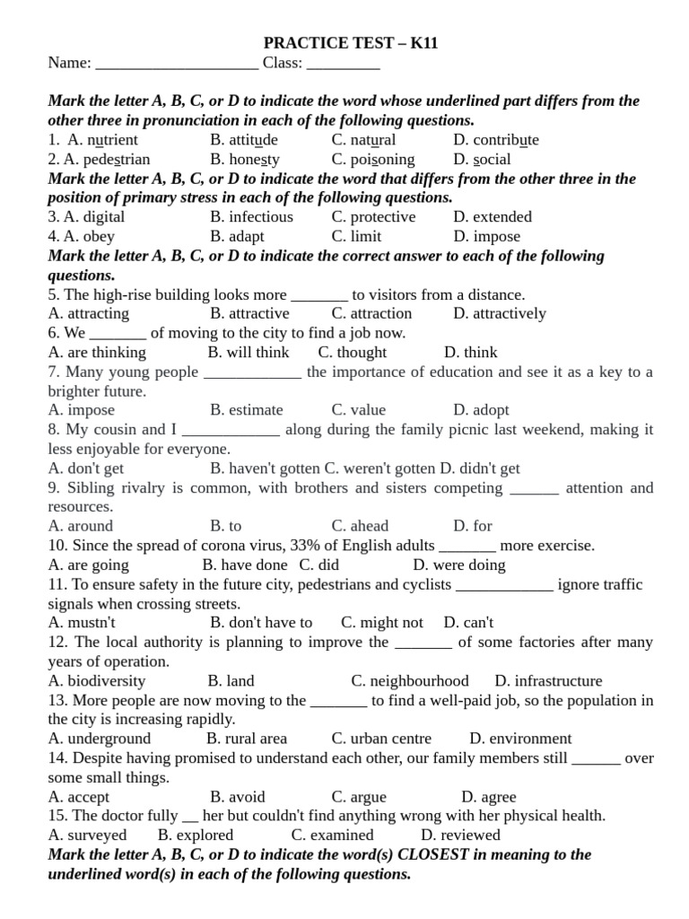 K11 English Practice Test Questions | PDF | Oceans | Sea