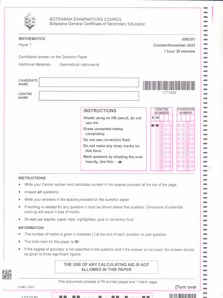 Bgcse Maths PP1 2023 - 094243 | PDF | Area | Elementary Mathematics
