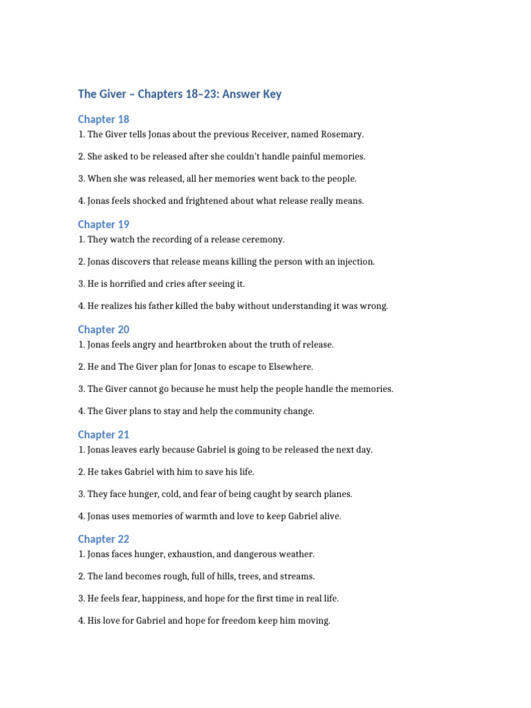 The Giver - Chapters 18-23 Answer Key | PDF