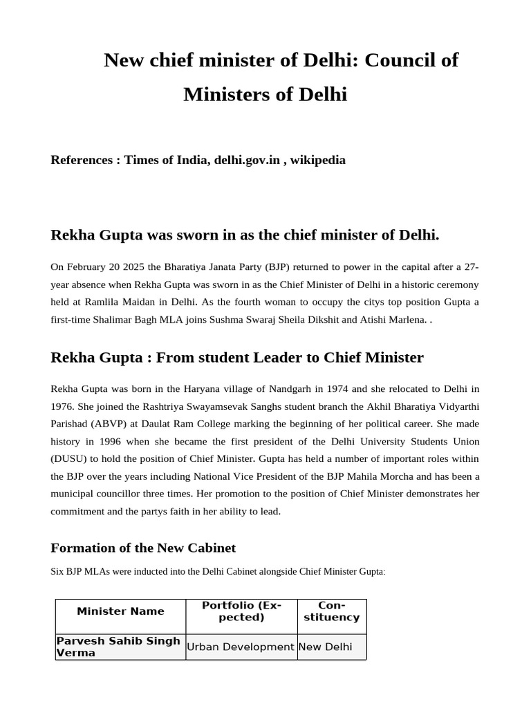 New Chief Minister of Delhi: Council of Ministers of Delhi. | PDF ...