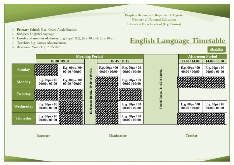 English Language Timetable 2025/2026 | PDF