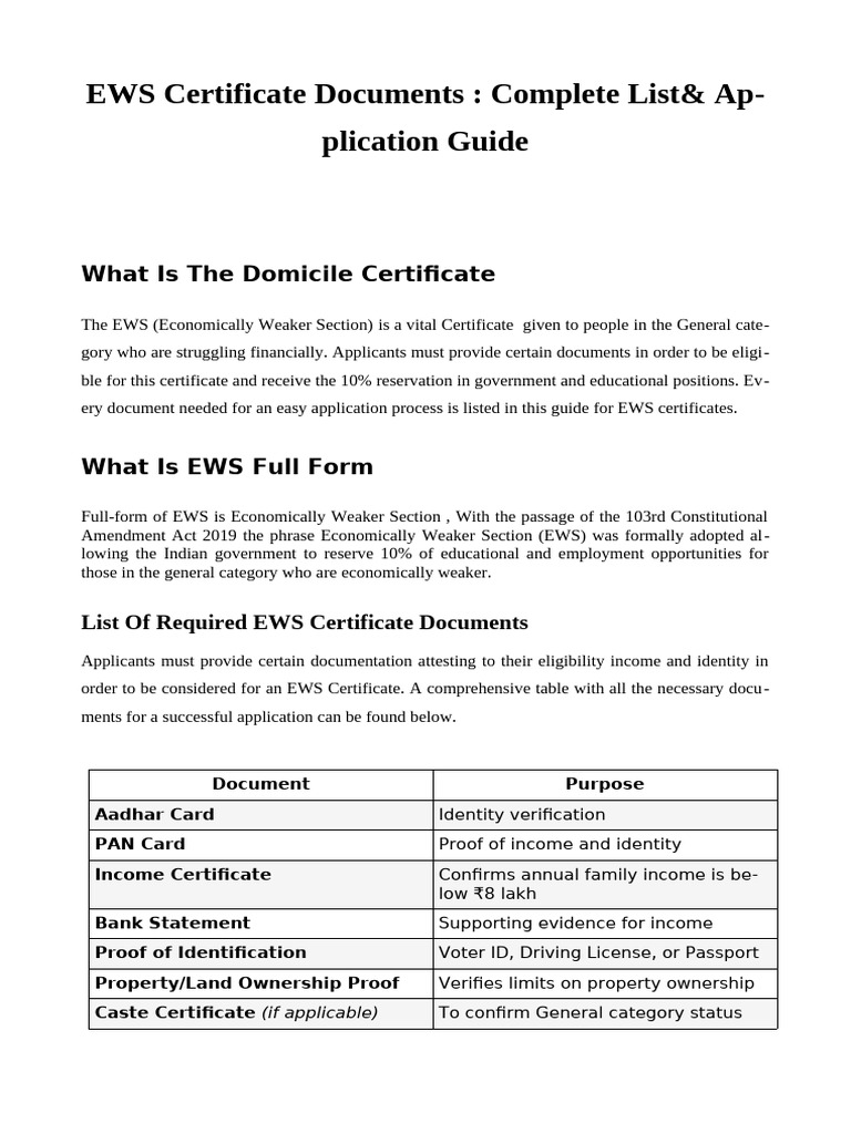 EWS Certificate: Required Documents Guide | PDF | Government ...
