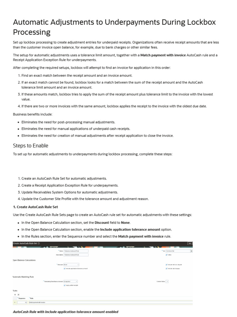 Automatic Adjustments To Underpayments During Lockbox Processing | PDF | Receipt | Invoice