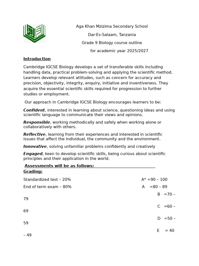 Grade 9 IGCSE Biology Course Outline | PDF | Biology | Biotechnology