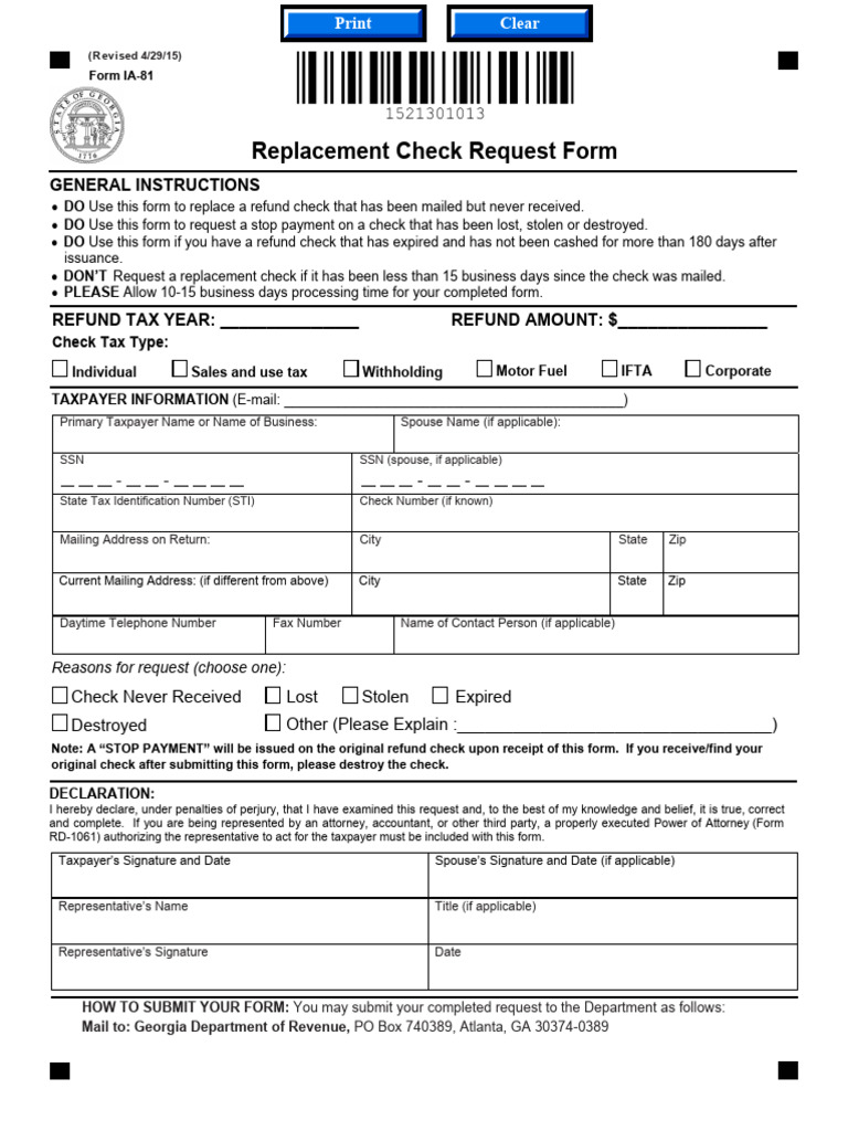 Replacement Check Request Form | PDF | Tax Refund | Taxes