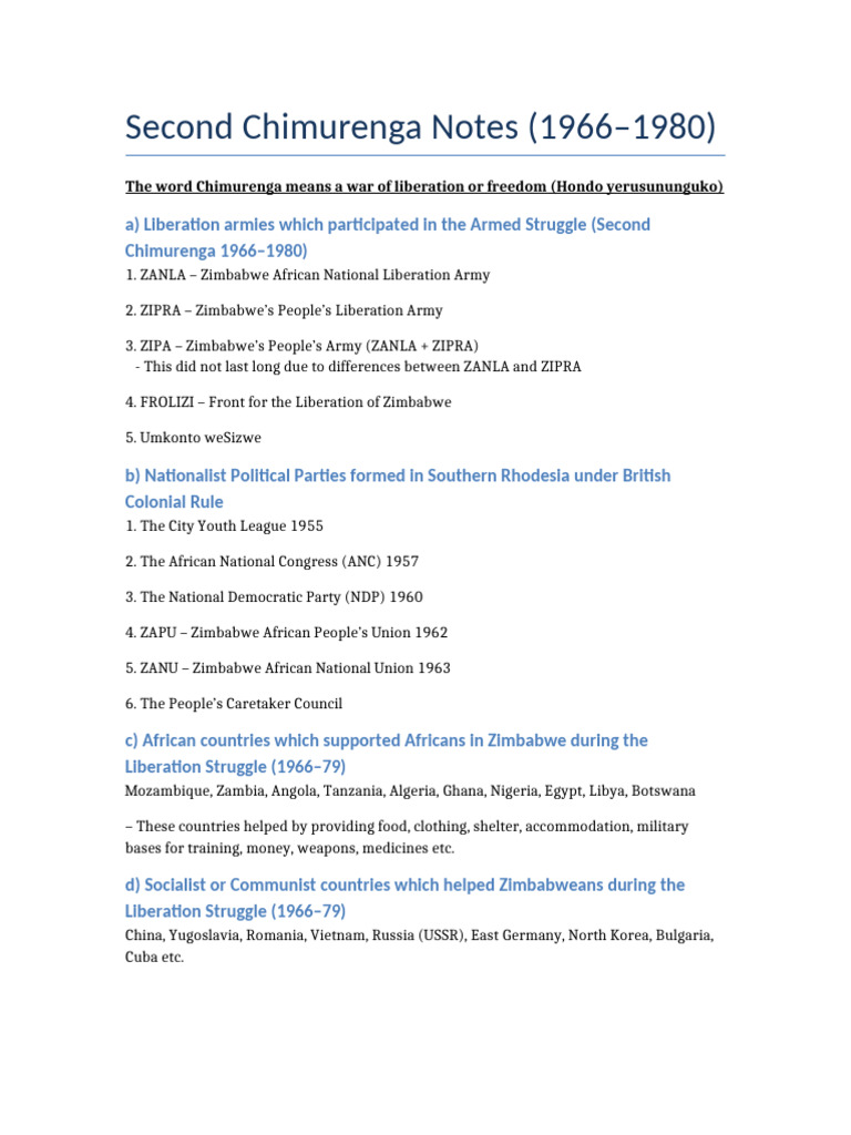 Second Chimurenga Overview (1966-1980) | PDF | Robert Mugabe | Rhodesia