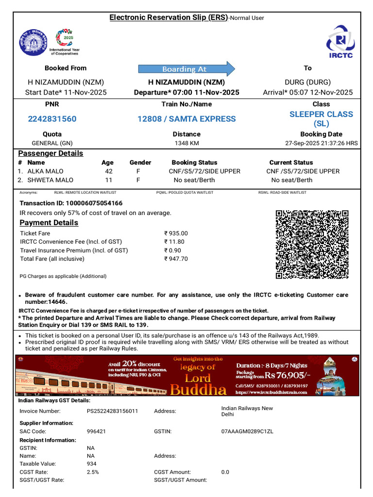 Samta Express Sleeper Class (SL) : Electronic Reservation Slip (ERS ...