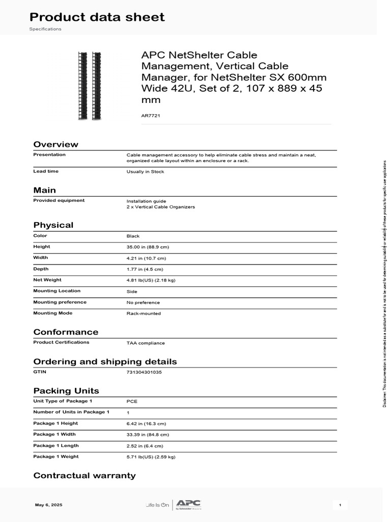 APC NetShelter-Cable-Management AR7721 | PDF