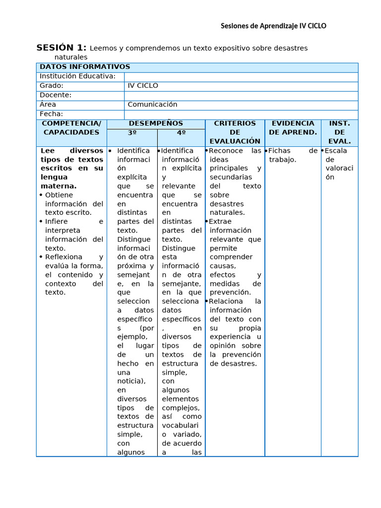 Sesión 1:: Datos Informativos | PDF | Desastres naturales | Peligros ...