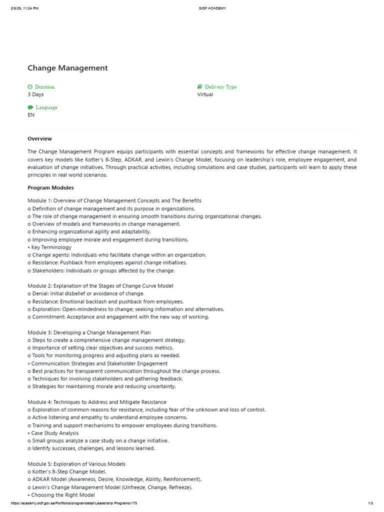 SIDF ACADEMY - Change Management | PDF | Change Management | Business