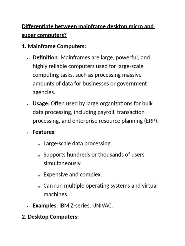 Differentiate Between Mainframe Desktop Micro and Super Computers | PDF | Desktop Computer ...