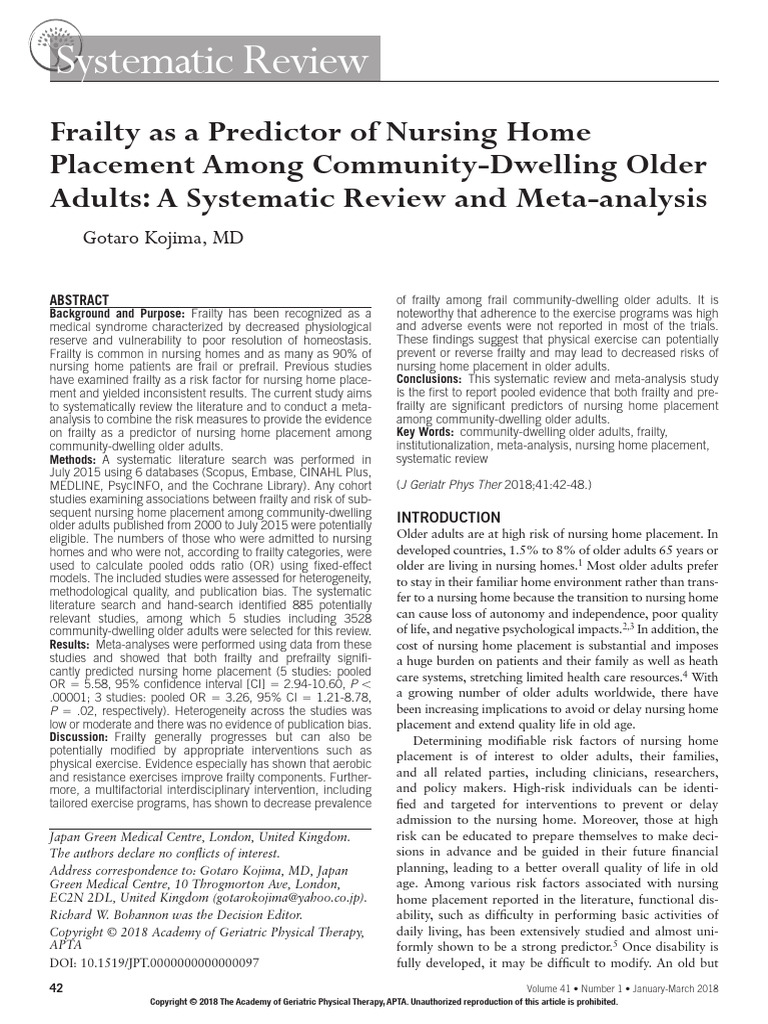 Frailty As A Predictor of Nursing Home Placement.6 | PDF | Systematic ...
