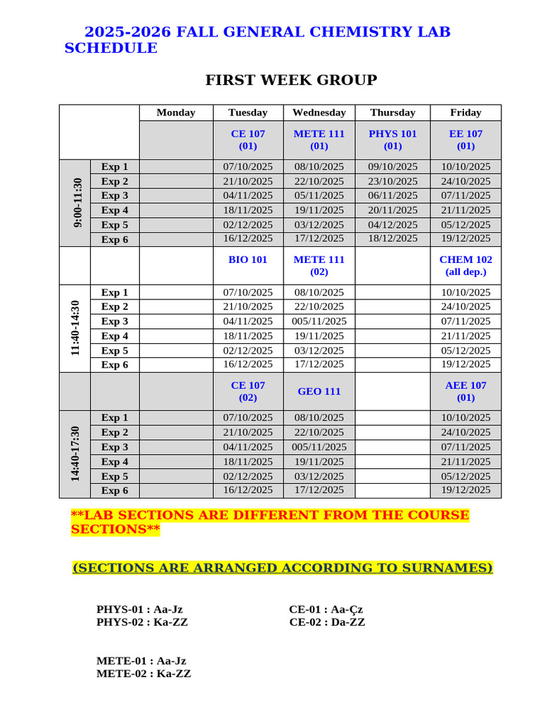 2025-2026 Fall Chemistry Lab Schedule | PDF