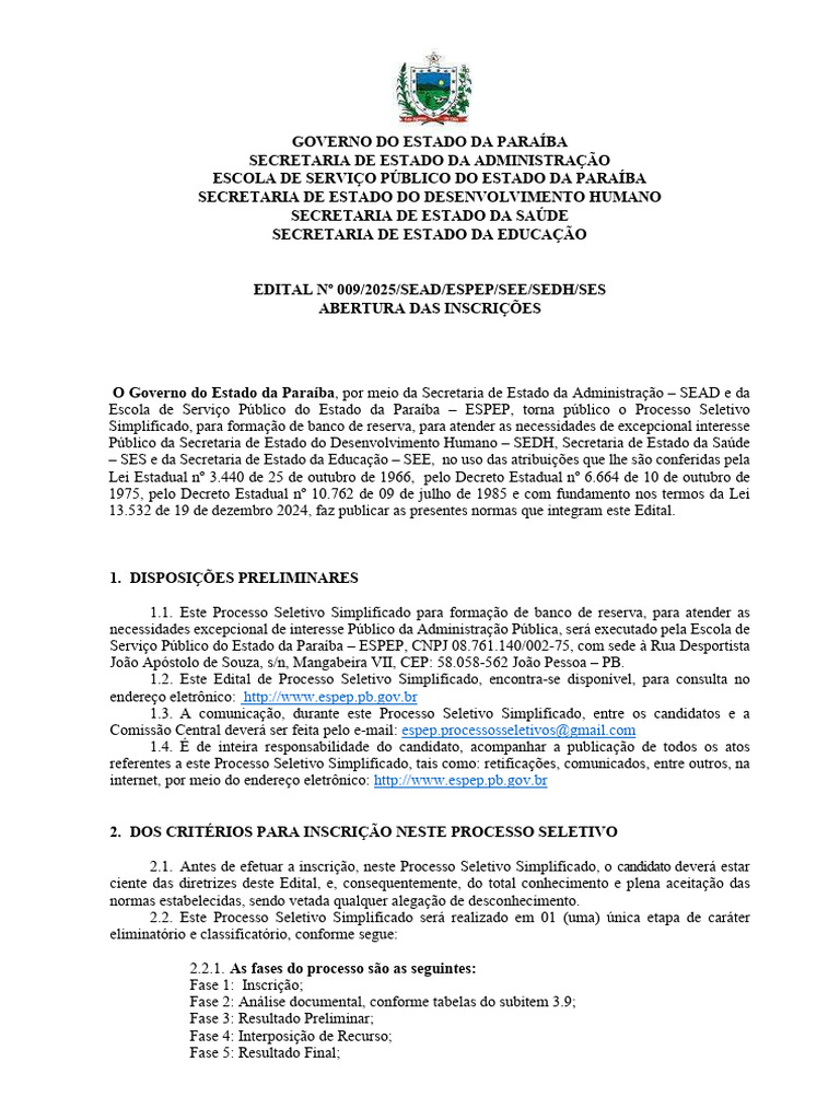 Edital No 009 2025 Sead Espep See Sedh | PDF