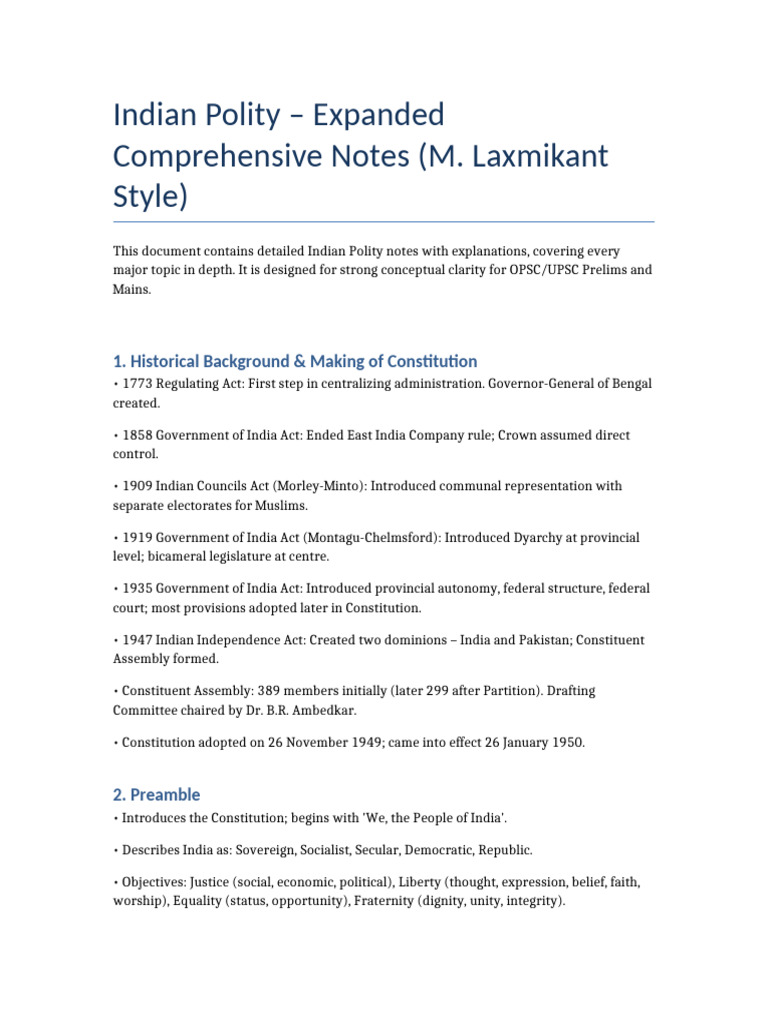 Comprehensive Indian Polity Notes | PDF | Habeas Corpus | Public Law