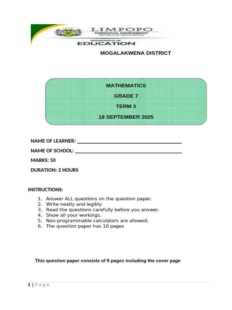 Maths Test Grade 7 Term 3 2025-1 | PDF | Shape | Euclid