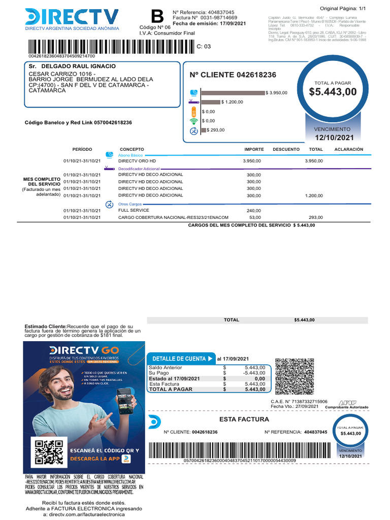 Factura DIRECTV Argentina: Detalles y Pago | PDF | Tarjeta de débito ...