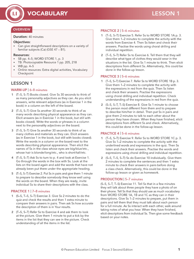 Focus3 2E LessonPlans U01 Lesson1 Vocabulary | PDF | Learning ...