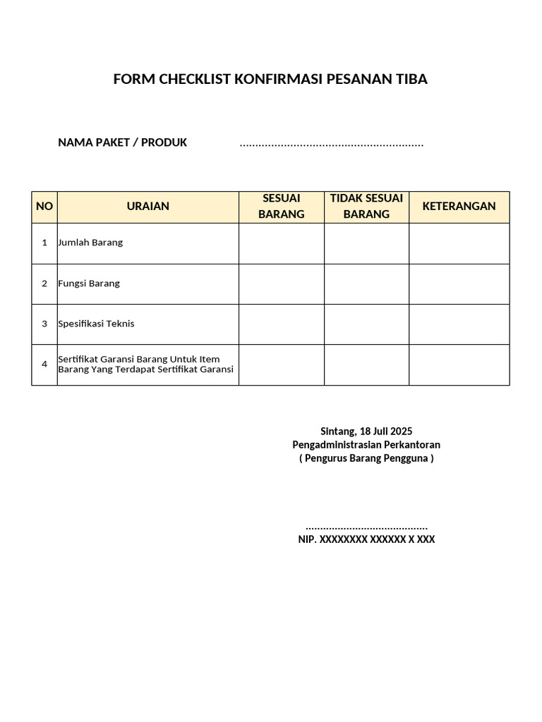 Checklist Konfirmasi Pesanan Barang | PDF