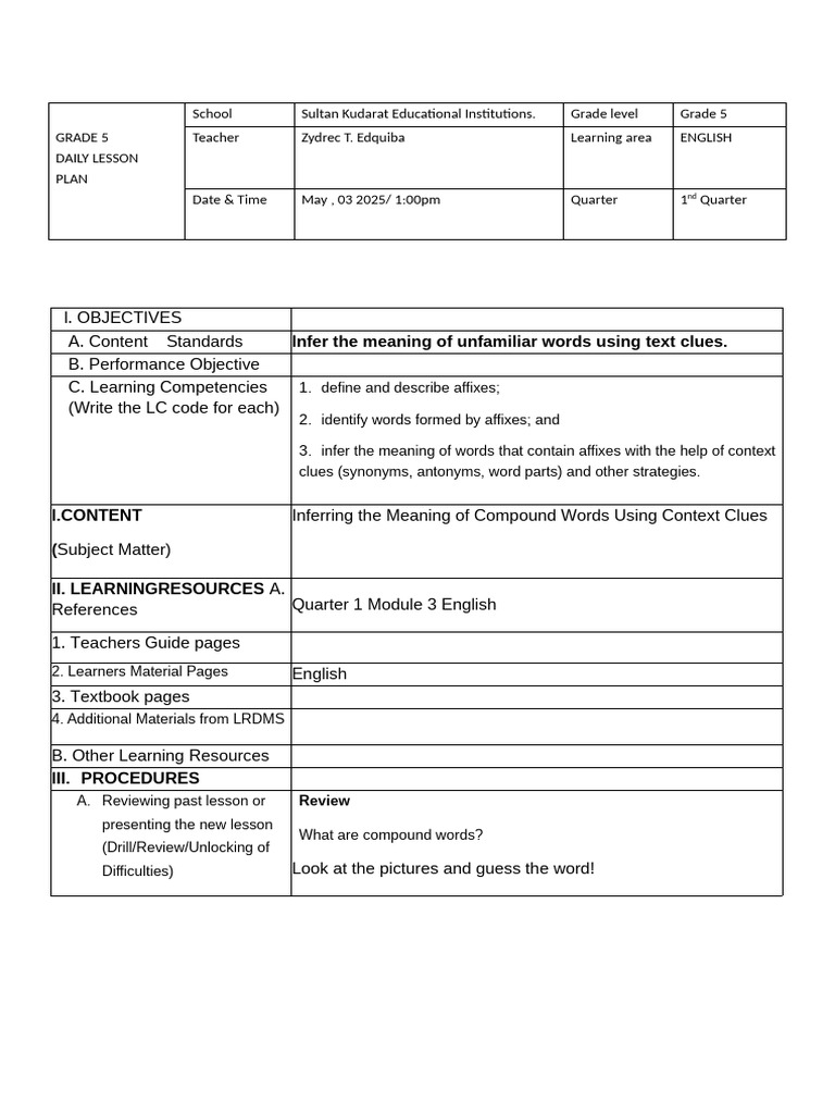 Grade 5 English Lesson Plan: Compound Words | PDF | Word | Part Of Speech
