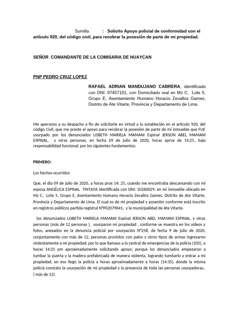 Solicito A Apoyo Policial Mandujano | PDF | Policía | Gobierno