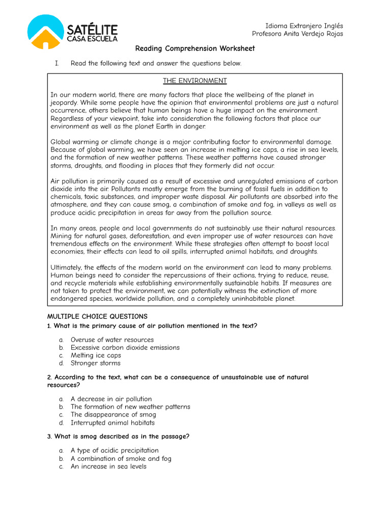 Environmental Issues Reading Worksheet | PDF | Climate Change | Pollution